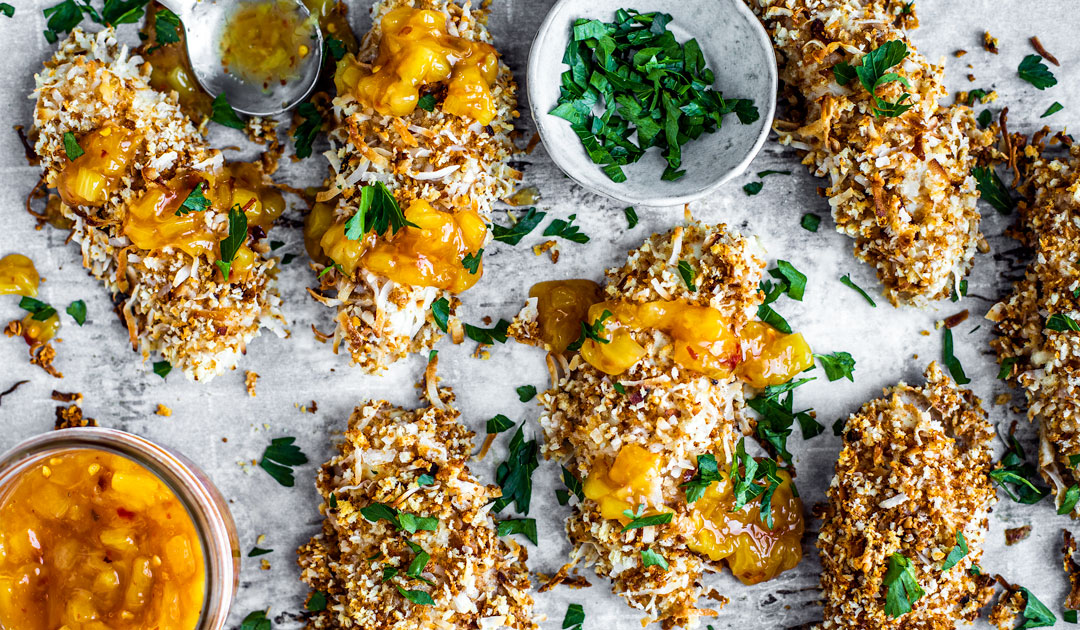 Crispy Baked Coconut Chicken Spicy Pineapple Sauce Killing Thyme