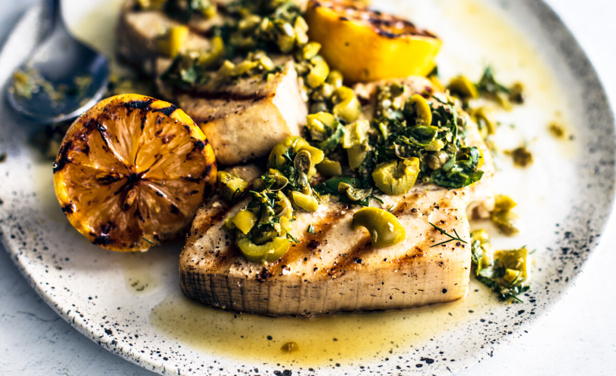 Grilled Swordfish Steaks with Olives and Herbs - Killing Thyme